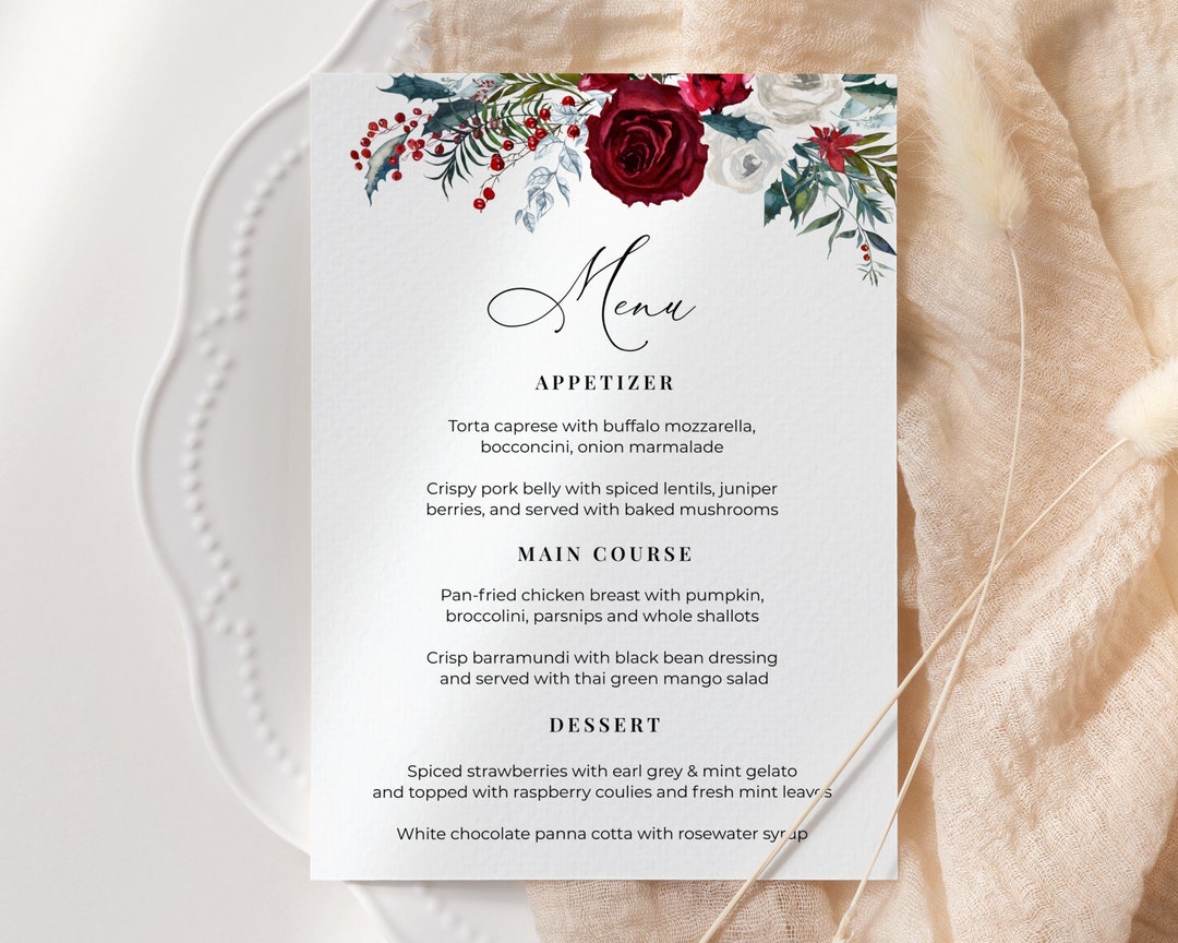 Winter Wedding Menu Template, Holiday Menu Printable, Christmas Menu ...
