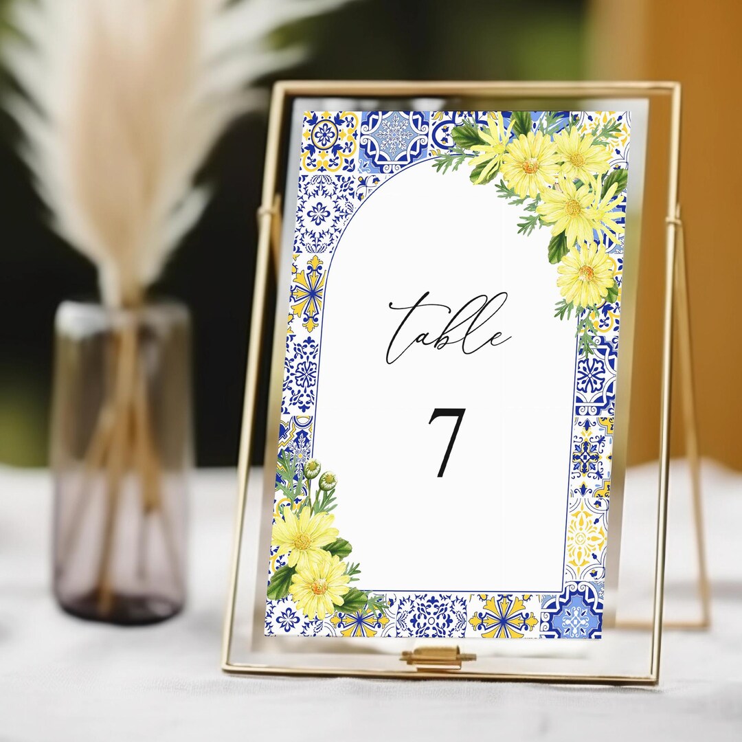 Mediterranean Table Number, Yellow Daisies Baby Shower Sign, Blue Tiles ...