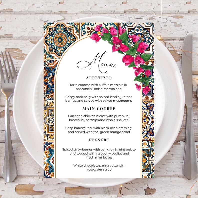 Spanish Wedding Menu Printable Template, Hot Pink Bougainvillea, Tuscan ...