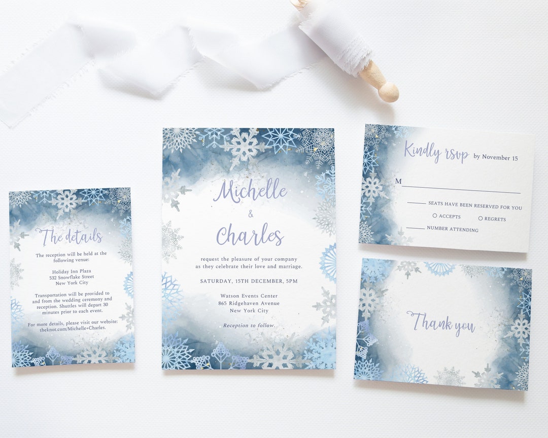 Winter Wonderland Wedding Invitation Set, Blue Snowflake Wedding ...