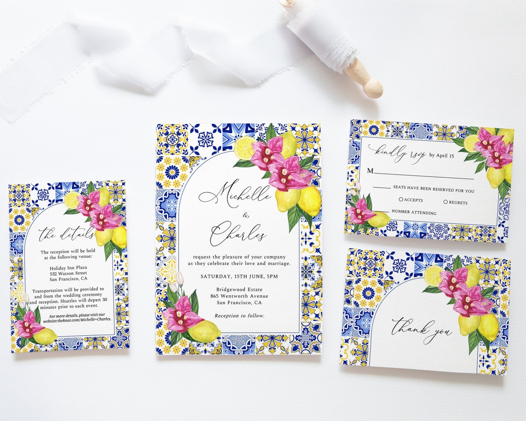 Mediterranean Lemon Wedding Invitation Set, Blue Tiles Bougainvillea ...
