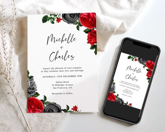 Red and Black Roses Wedding Invitation Black Tie Wedding - Etsy