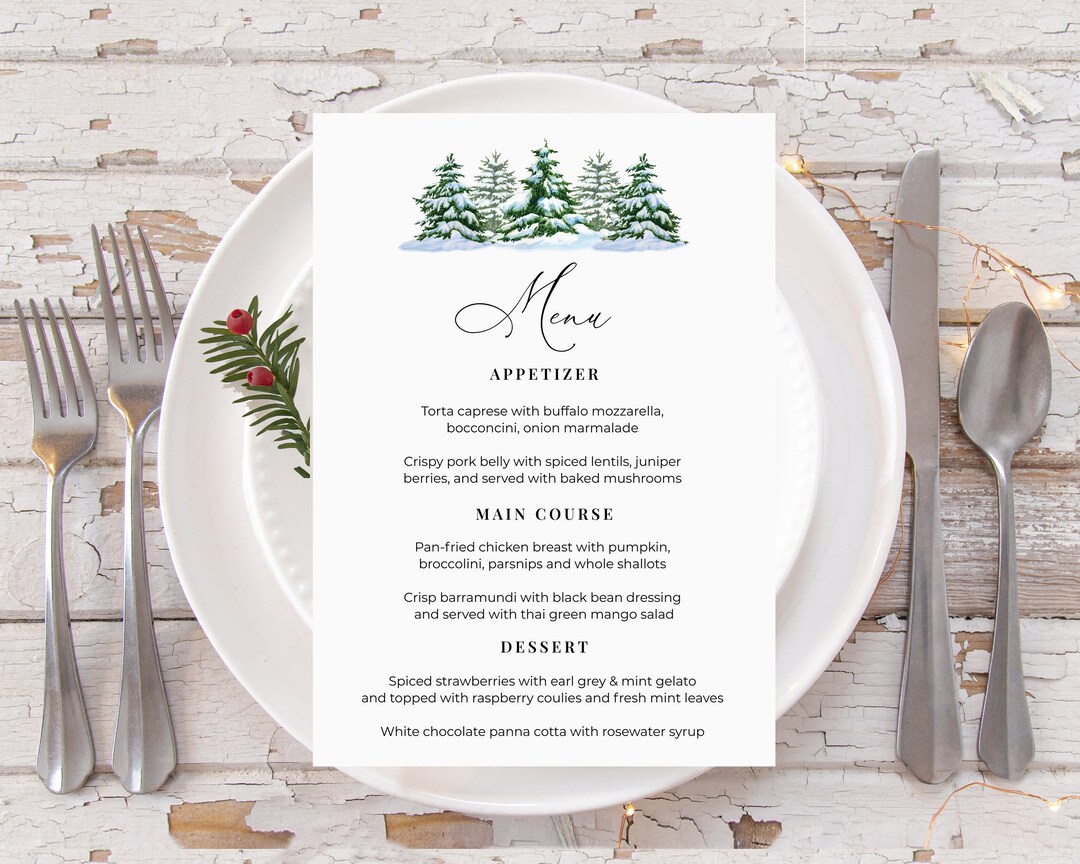 Pine Trees Menu Template, Holidays Wedding Menu Cards, Winter Wedding ...