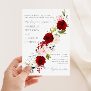 Red and White Wedding Invitation, Red Roses Wedding Invite, Floral ...