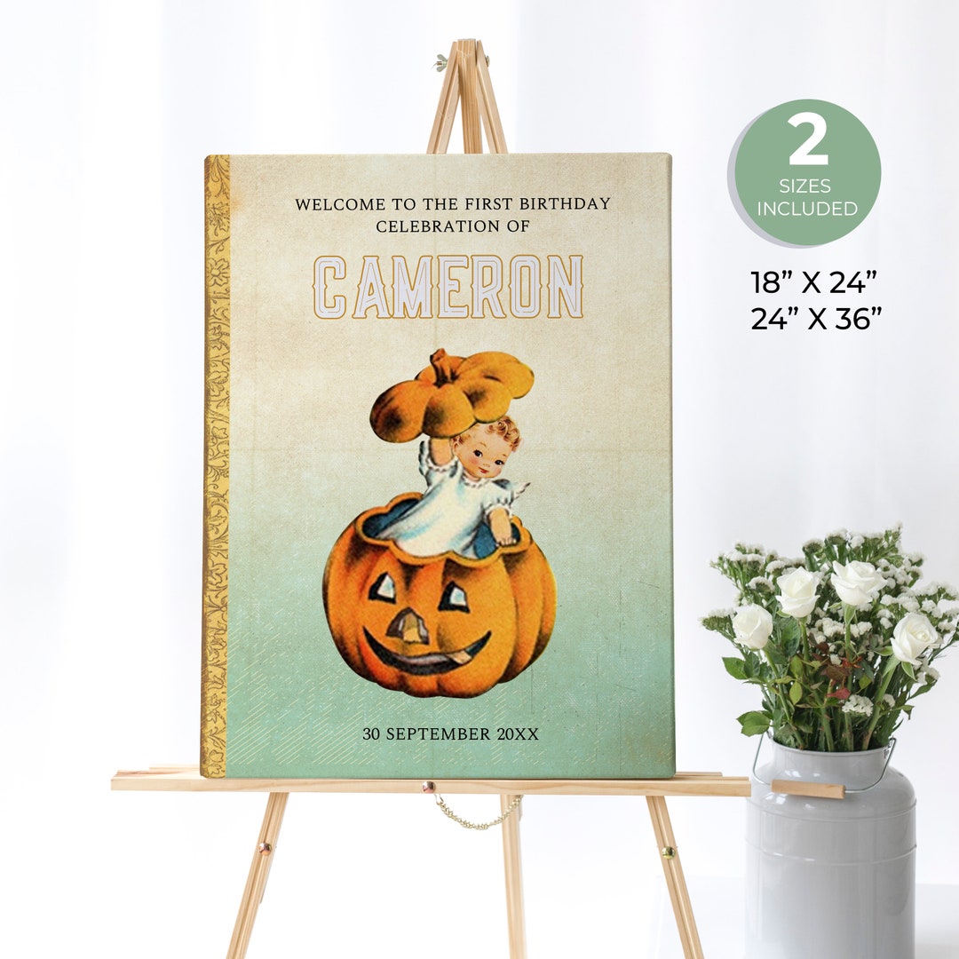 Retro Storybook Halloween Birthday Welcome Sign, Fall Pumpkin First ...