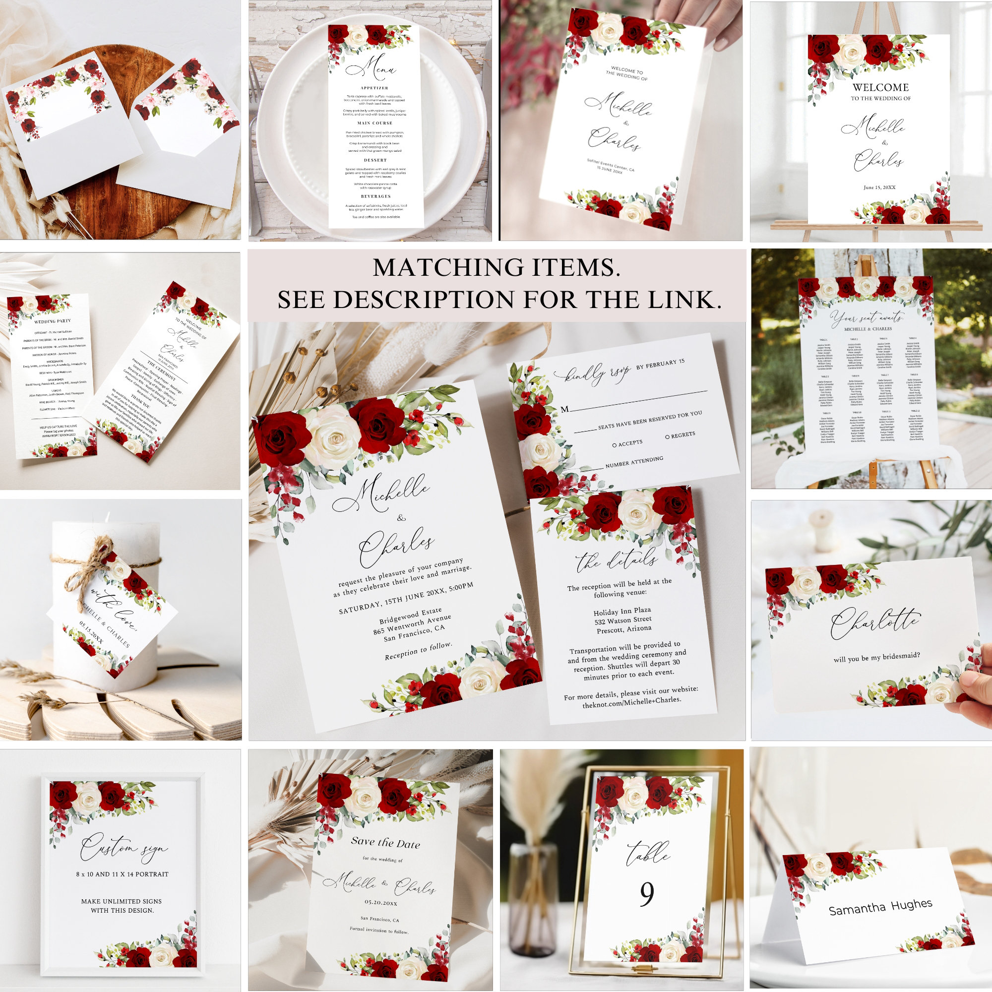 Red and White Wedding Invitation Set, Red Roses Wedding Invite, Floral ...