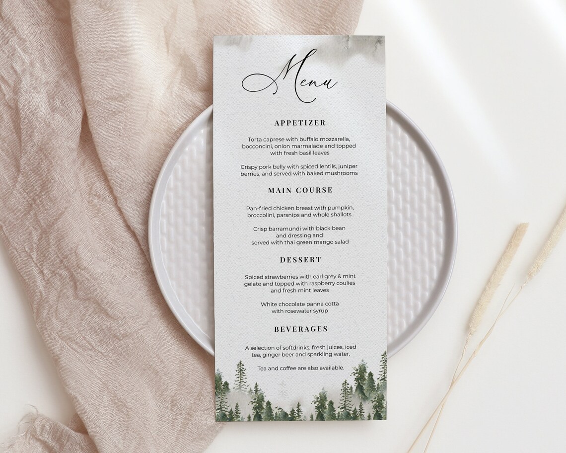 Forest Wedding Menu Template, Mountain Menu, Woodland Menu, Pine Trees ...