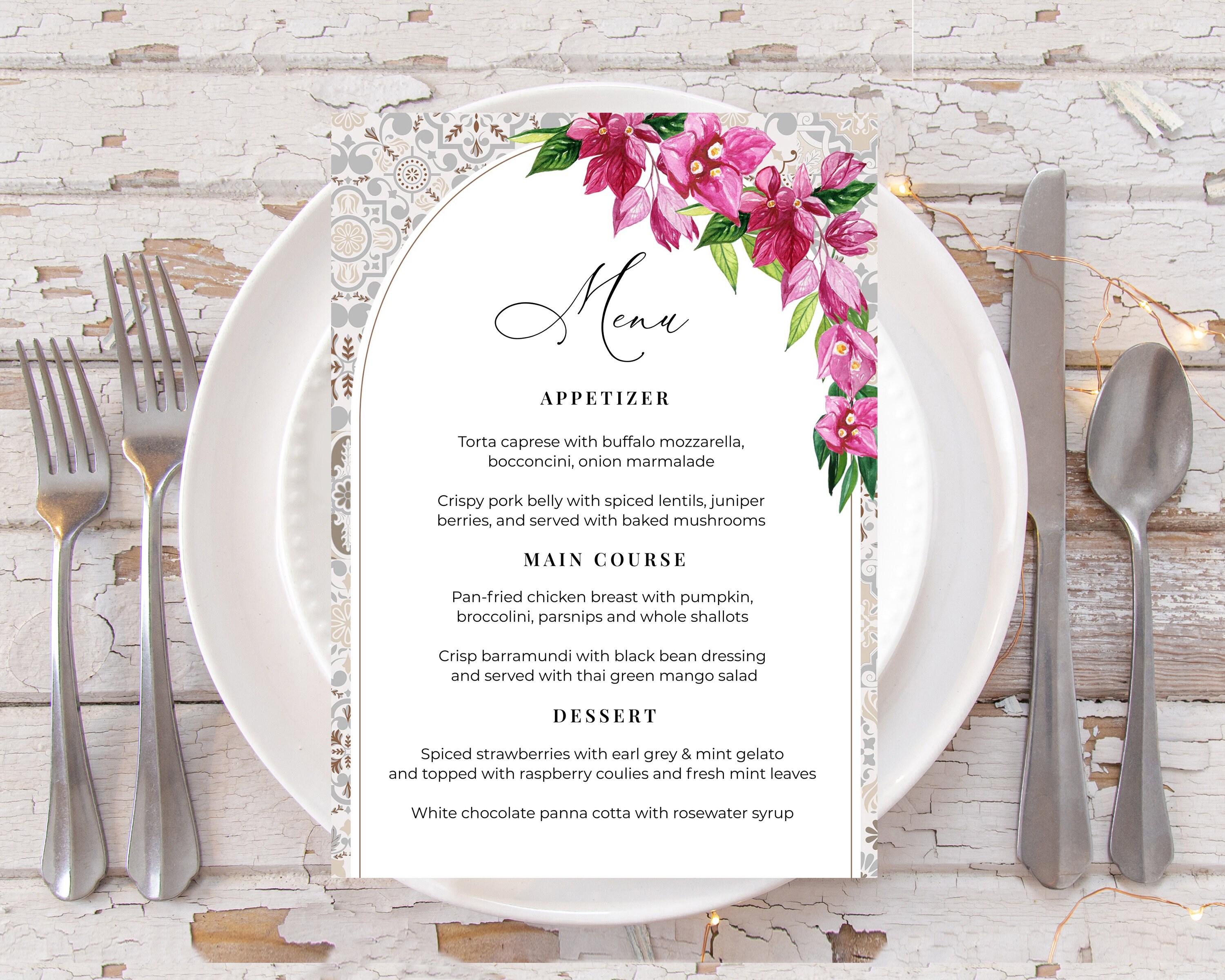 Mediterranean Menu Template, Brown Tiles Bougainvillea Menu, Dinner ...