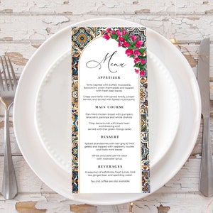 Spanish Wedding Menu Printable Template, Hot Pink Bougainvillea, Tuscan ...