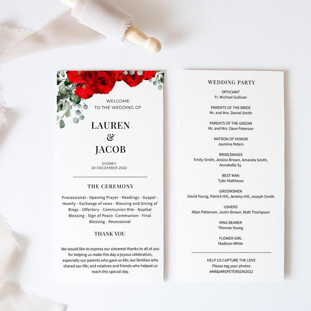 Red Roses Wedding Program Red Wedding Program Template - Etsy