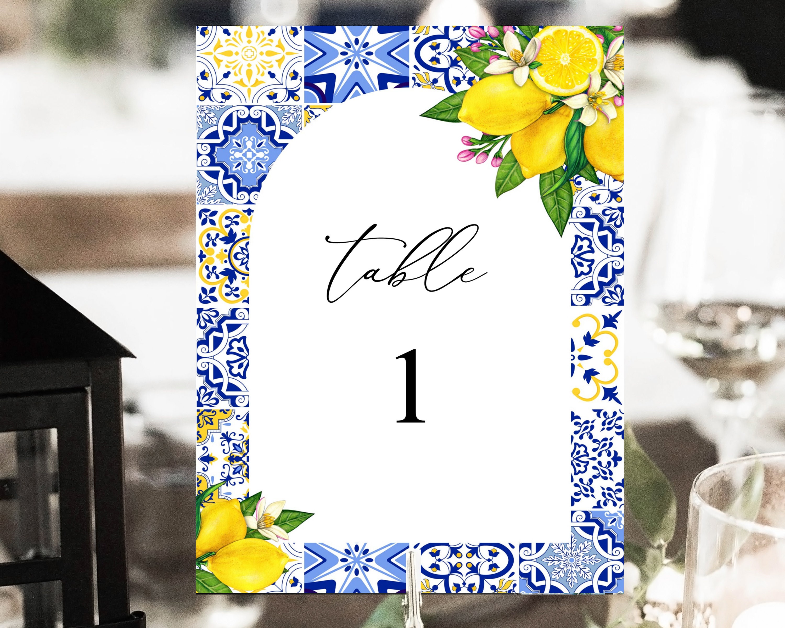 Mediterranean Lemon Table Number, Blue Tiles Lemon, Tuscan Italian ...