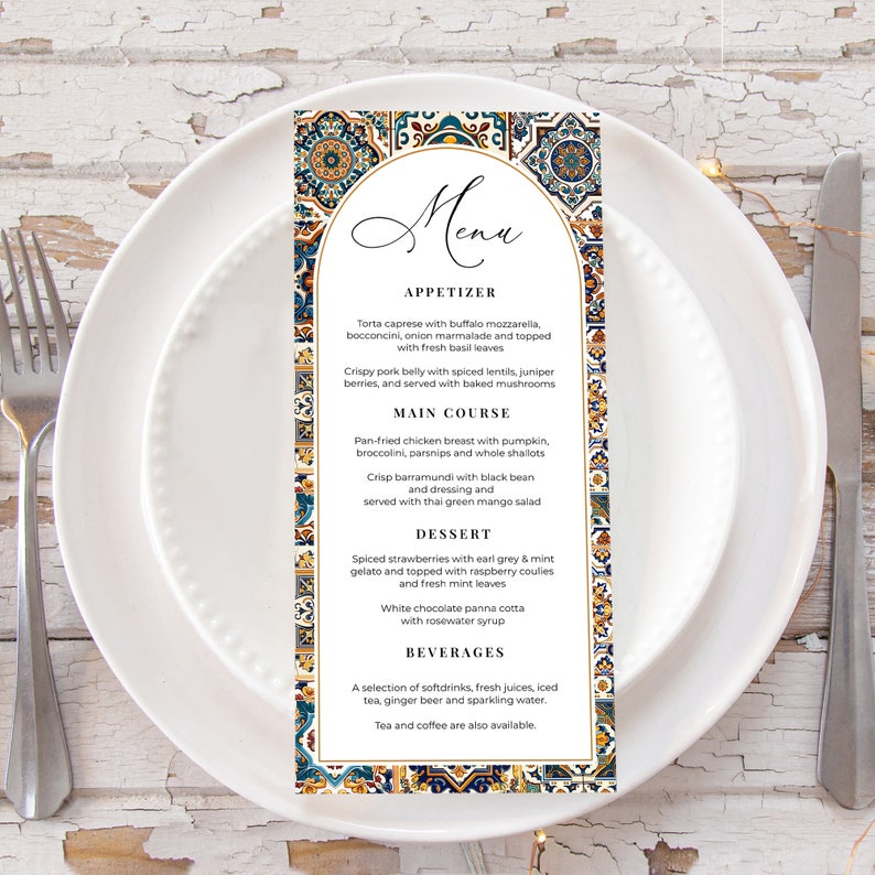 Spanish Wedding Menu Printable Template, Tuscan Italian Mediterranean ...