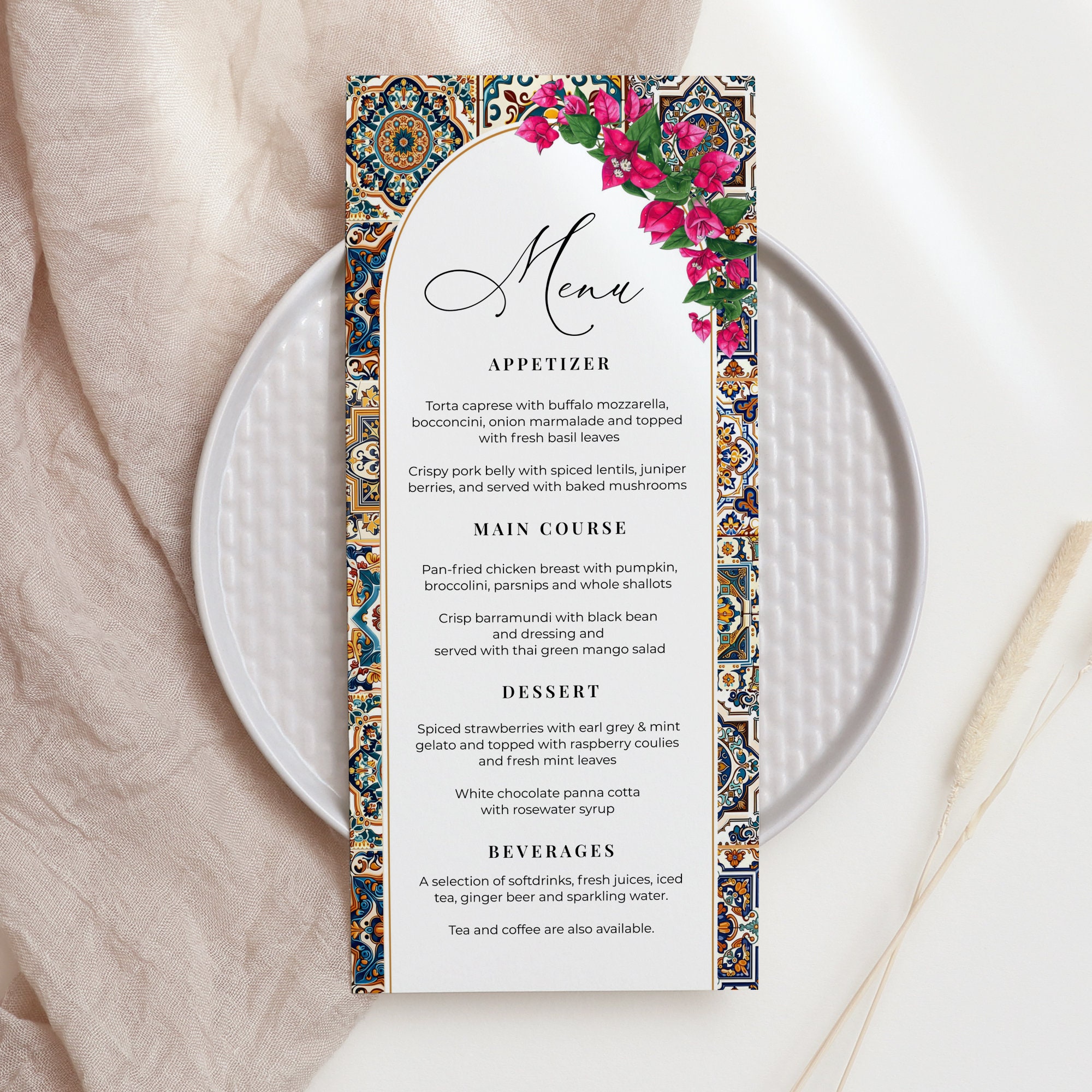 Spanish Wedding Menu Printable Template, Hot Pink Bougainvillea, Tuscan ...