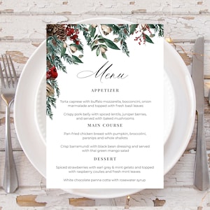 Winter Greenery Menu Template, Winter Menu Cards, Christmas Printable ...