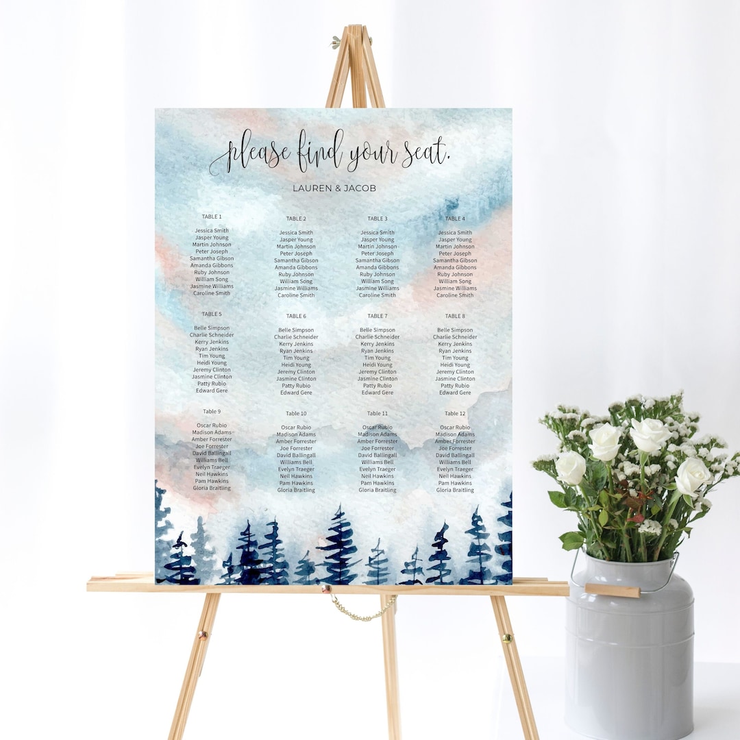 Forest Wedding Seating Chart, Blue Wedding Seating Sign, Woodland ...