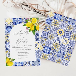 Mediterranean Lemon Wedding Invitation, Blue Tiles Lemon Invitation ...