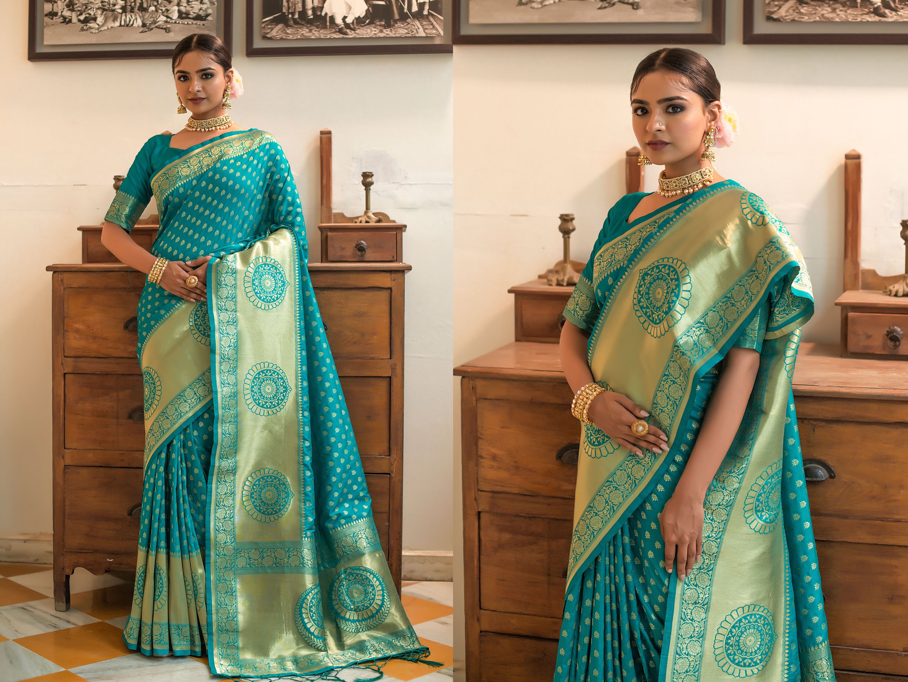 Saree en soie jacquard vert Rama avec travail tissé jacquard Beau Sari ...