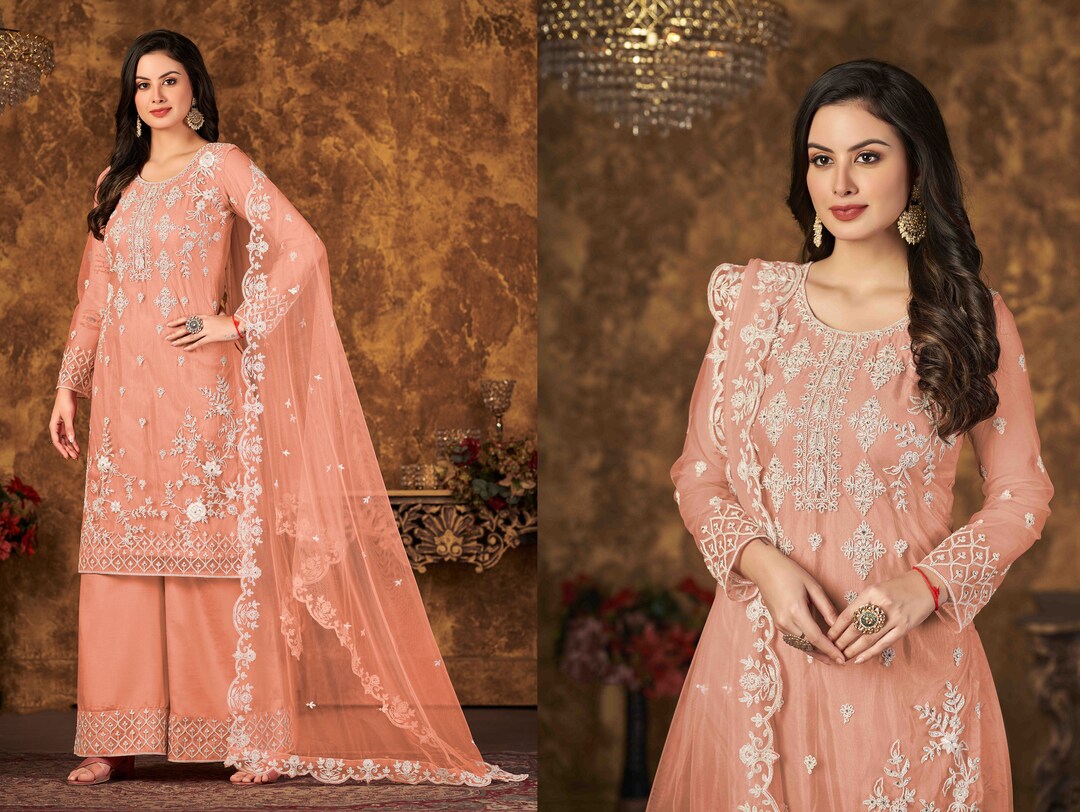 Peach Pakistani Net Embroidered Net Salwar Suit With Sequince - Etsy