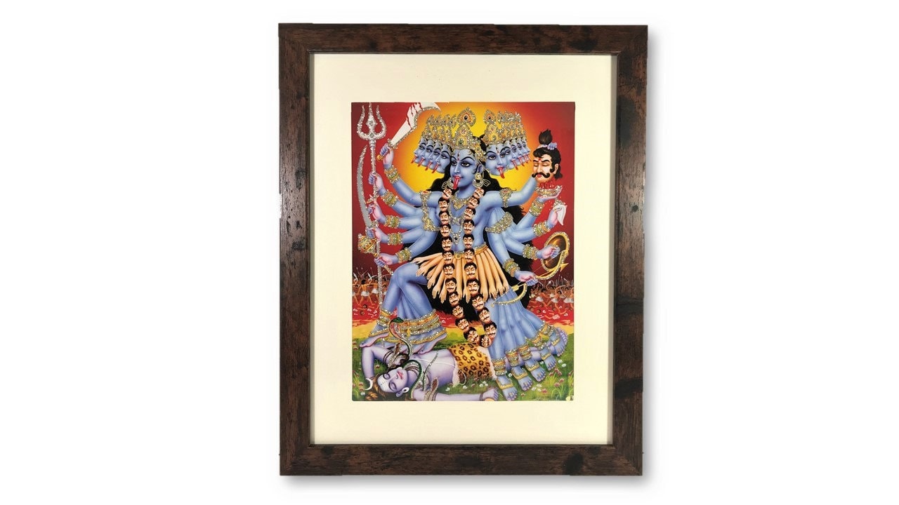 Framed Kali Devi Picture, Wood Finished Frame. Kali Devi Standing on ...