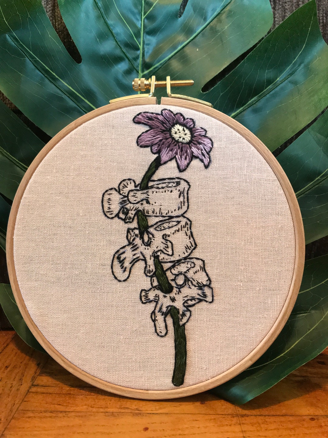 Spine Skeleton Flower, Floral Purple Bone Anatomic Handmade Embroidery ...