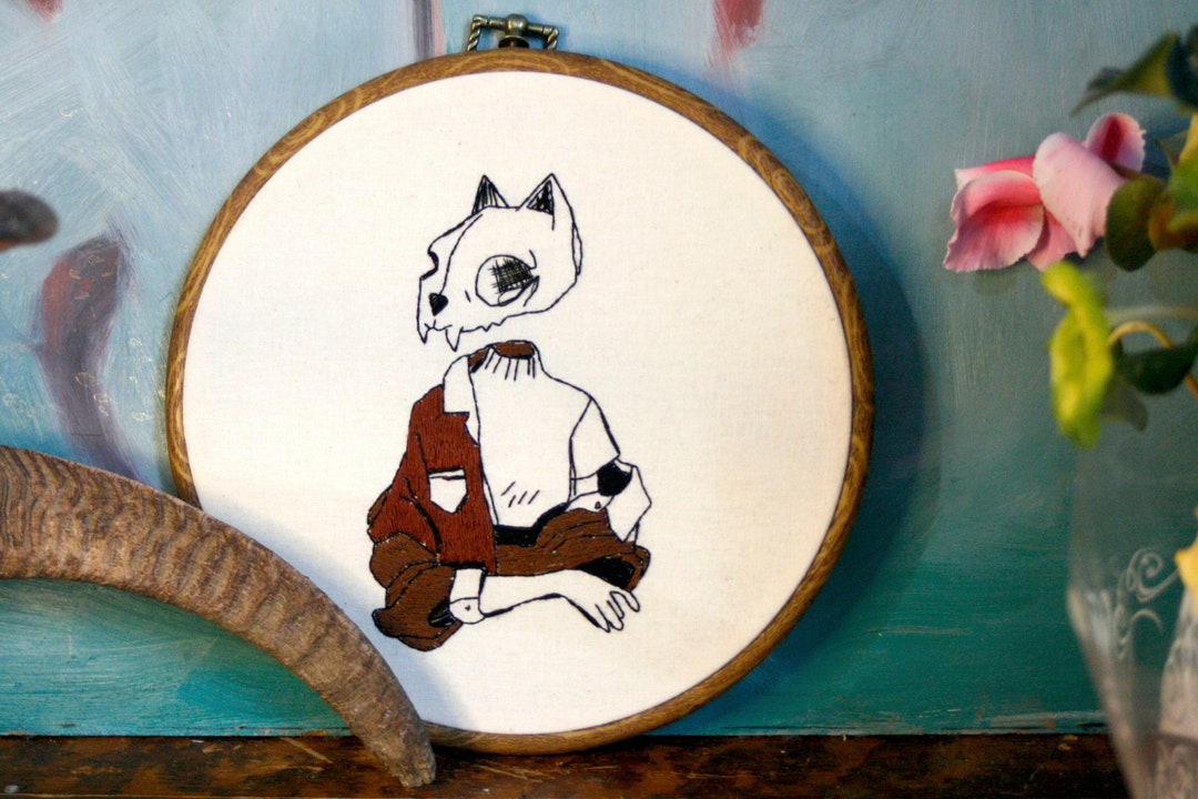 Cat Skull Skeleton Dark Gothic Embroidery Handmade Artwork ...