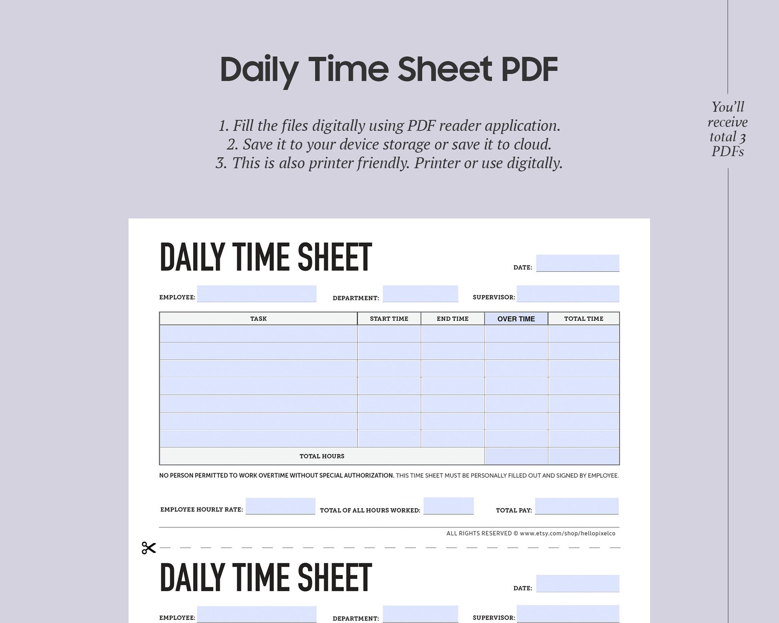 Employee Time Sheet Printable, Work Hour Tracker, Editable Time Card ...