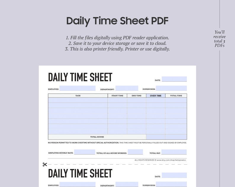 Employee Time Sheet Printable, Work Hour Tracker, Editable Time Card ...
