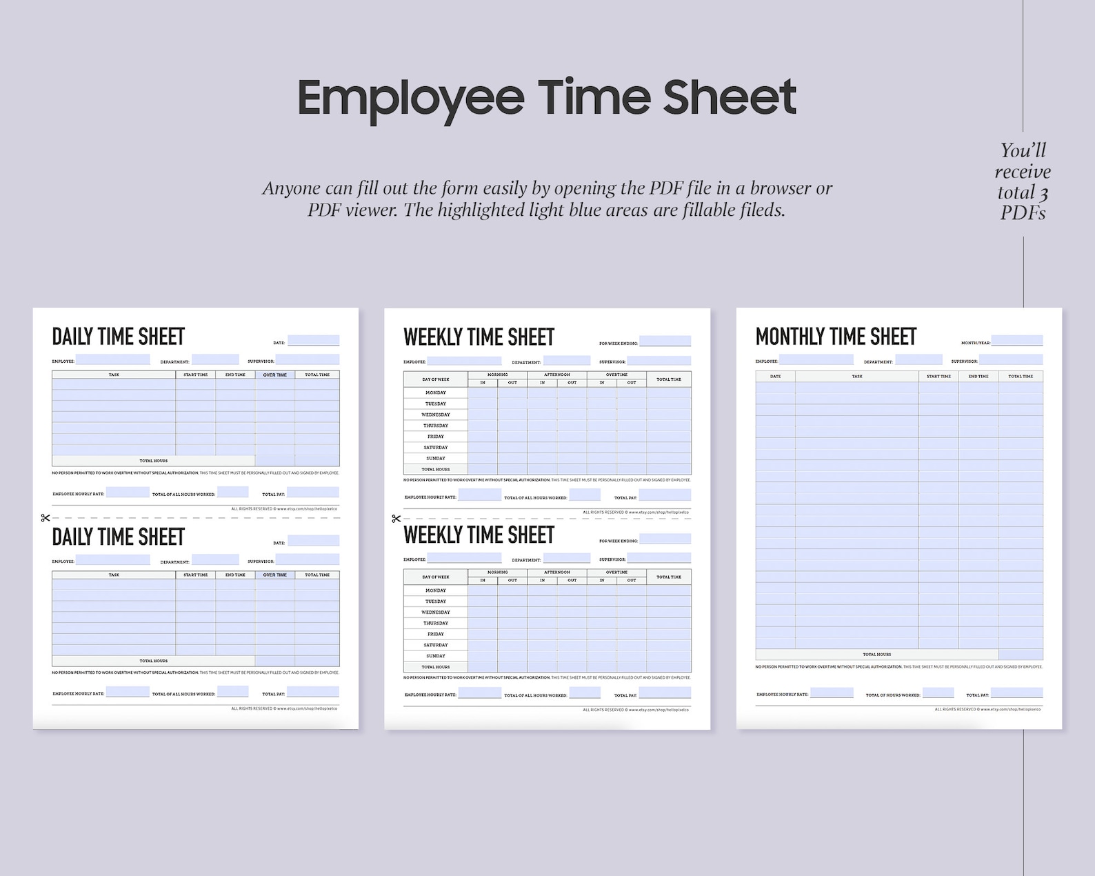 Employee Time Sheet Printable, Work Hour Tracker, Editable Time Card ...