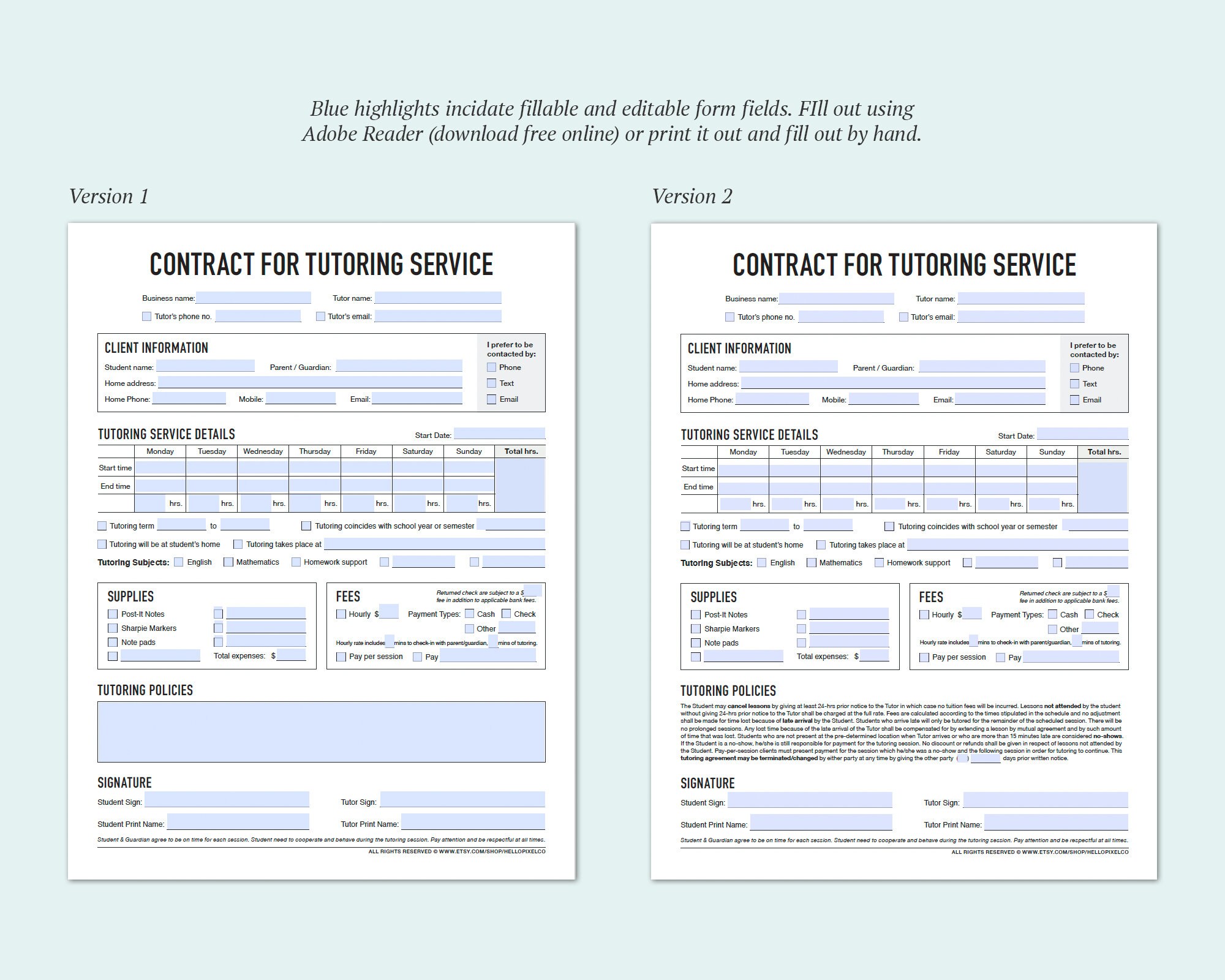 Editable & Fillable Tutoring Service Agreement Worksheet. PDF Forms ...
