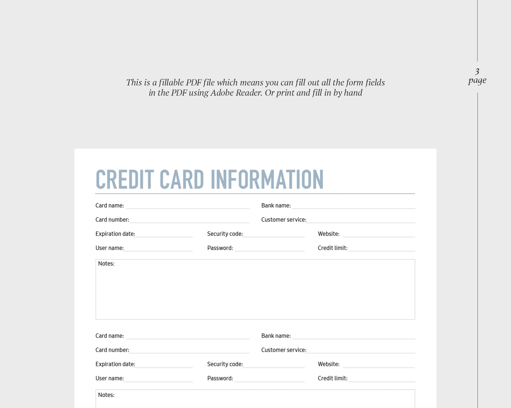Credit Card Information - Fillable/printable PDF - Finance Planner ...