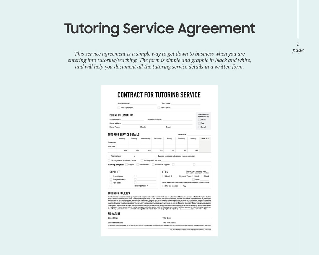 Editable & Fillable Tutoring Service Agreement Worksheet. PDF Forms ...