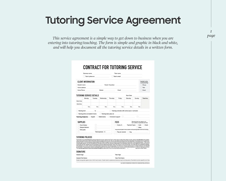 Editable & Fillable Tutoring Service Agreement Worksheet. PDF Forms ...