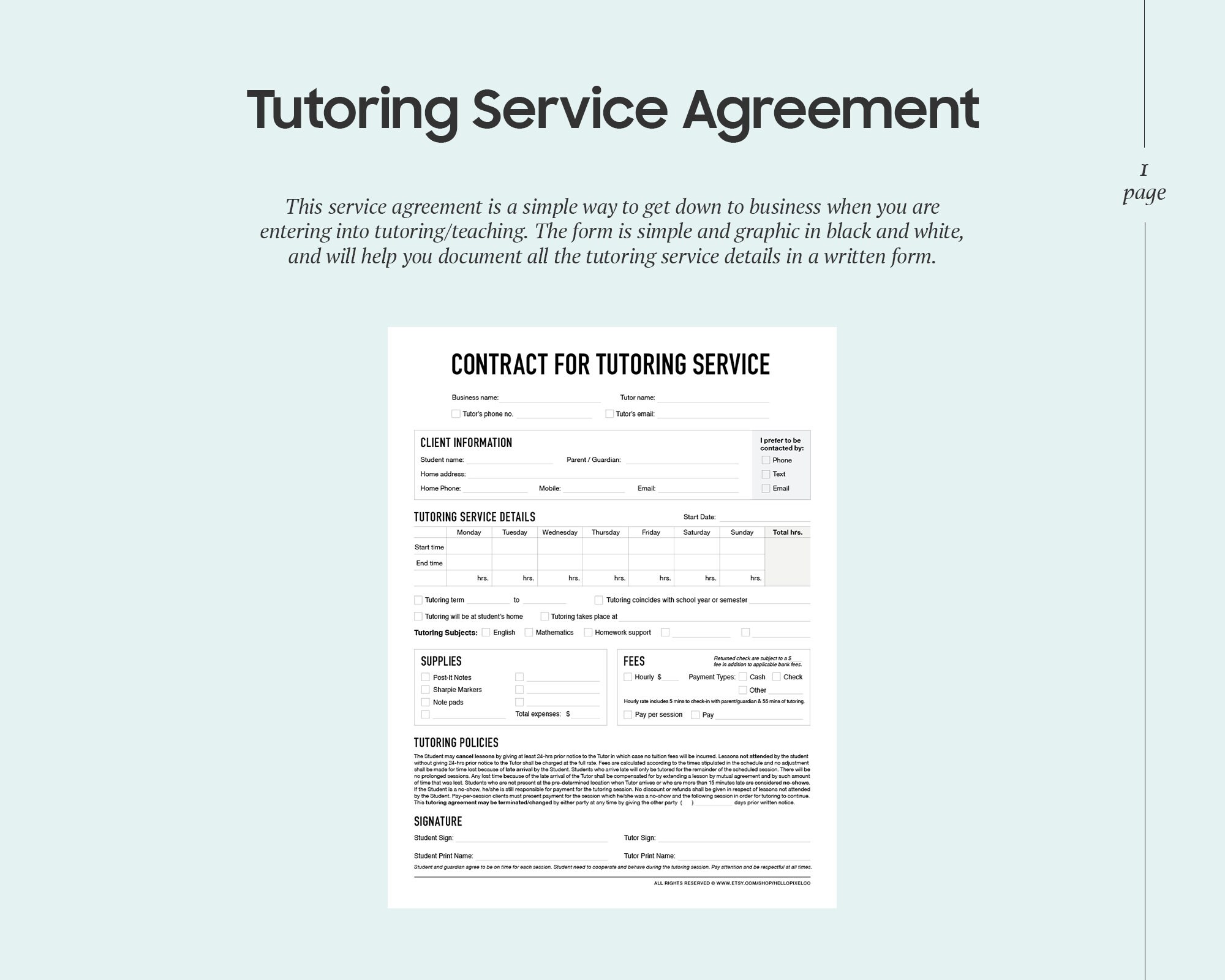Editable & Fillable Tutoring Service Agreement Worksheet. PDF Forms ...