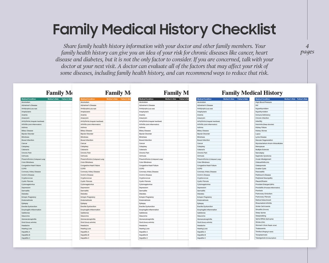 Printable Family Medical History Checklist, Medical Binder Insert ...