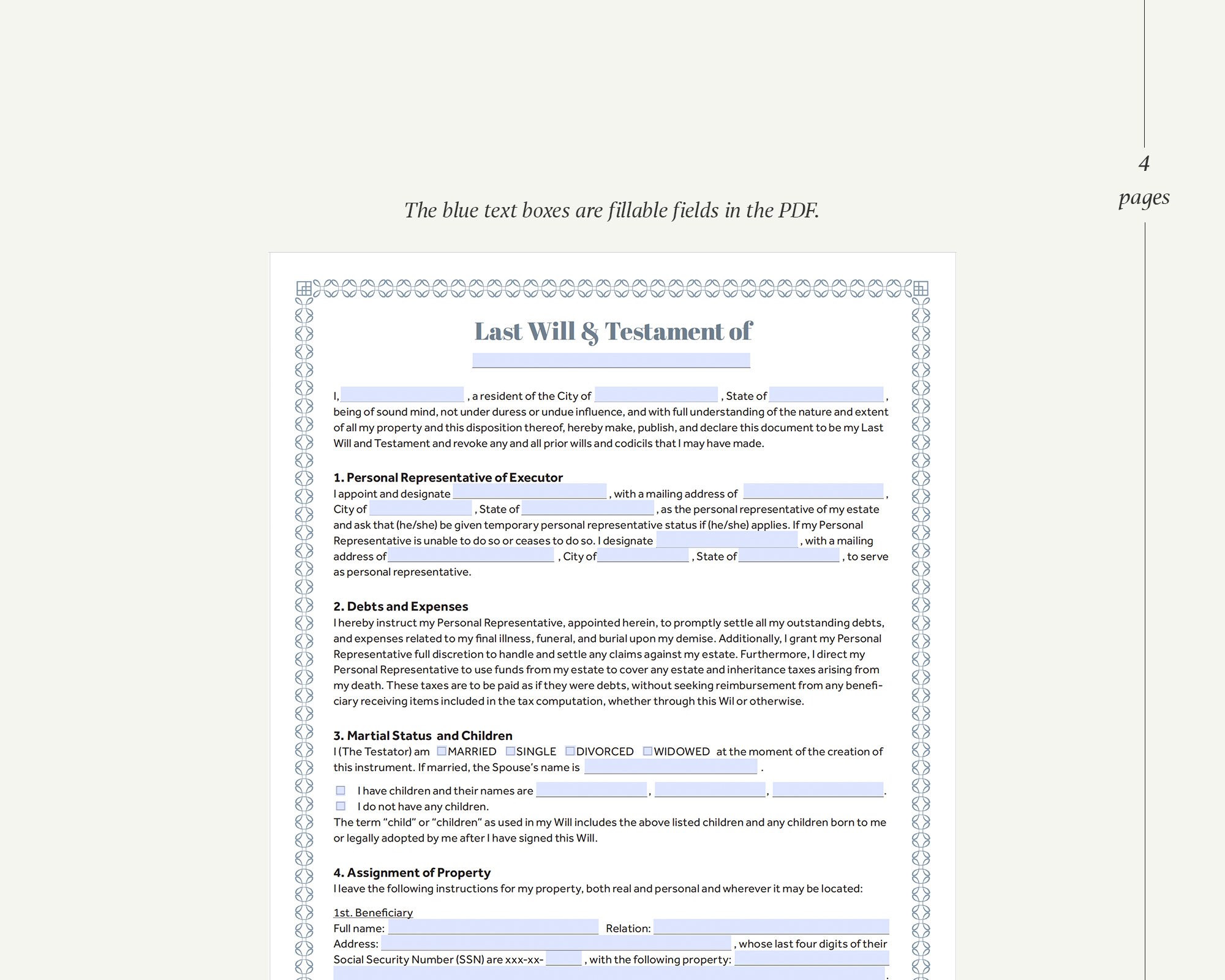 Last Will and Testament or Will, Legal Document Template for Asset ...