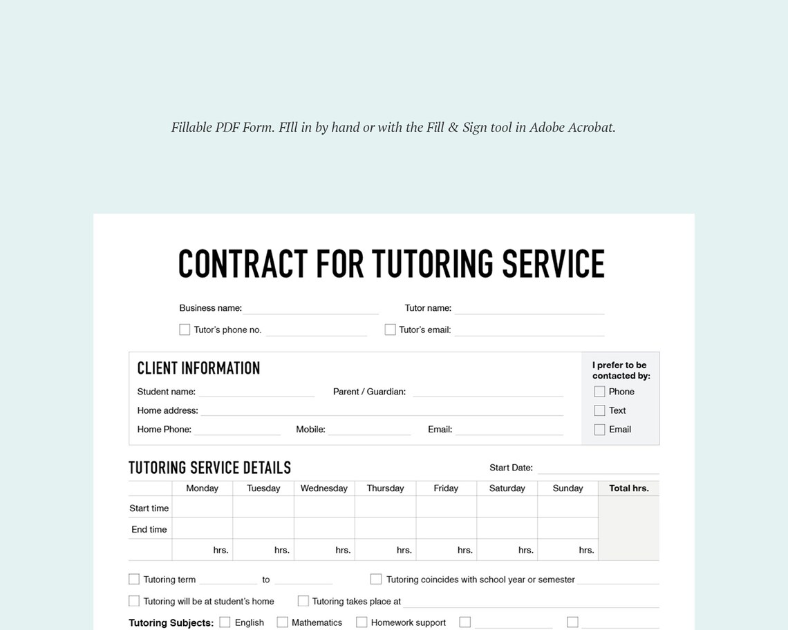 Editable & Fillable Tutoring Service Agreement Worksheet. PDF Forms ...