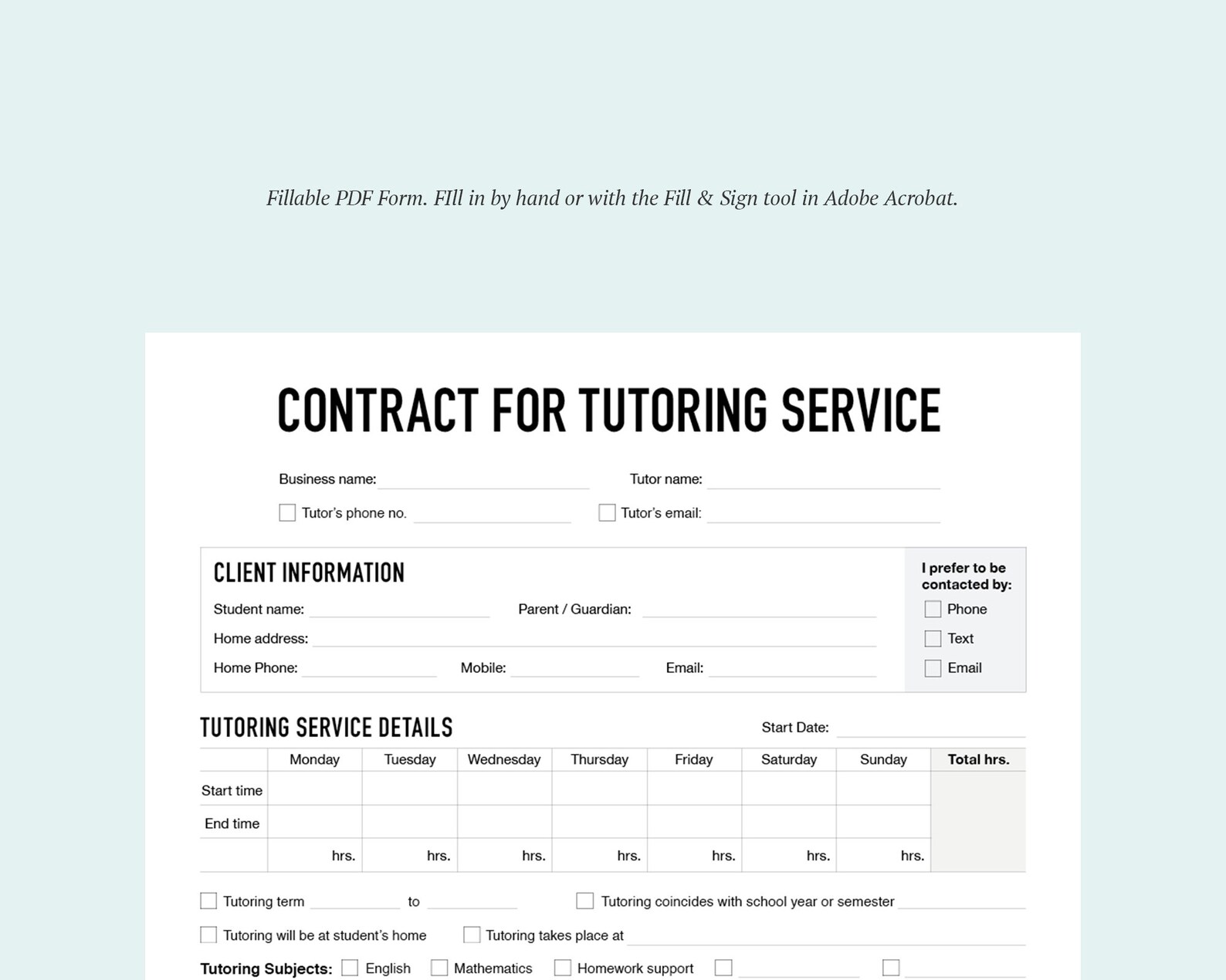 Editable & Fillable Tutoring Service Agreement Worksheet. PDF Forms ...