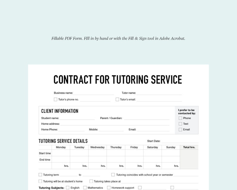 Editable & Fillable Tutoring Service Agreement Worksheet. PDF Forms ...