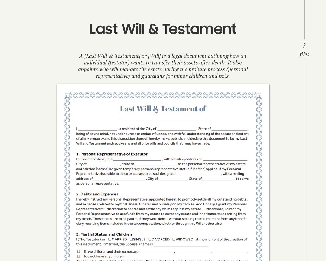 Last Will and Testament or Will, Legal Document Template for Asset ...