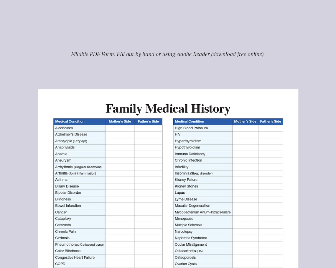 Printable Family Medical History Checklist, Medical Binder Insert ...