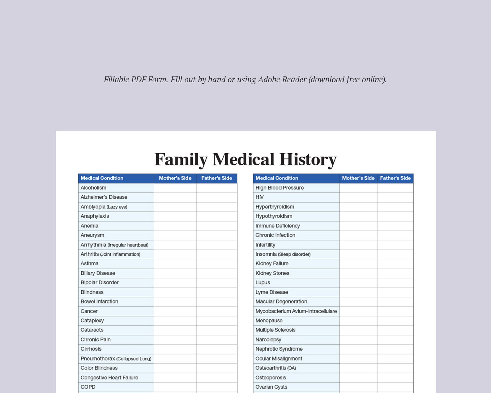 Printable Family Medical History Checklist, Medical Binder Insert ...