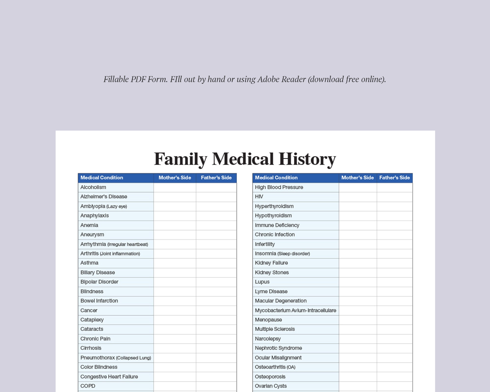 Printable Family Medical History Checklist, Medical Binder Insert ...