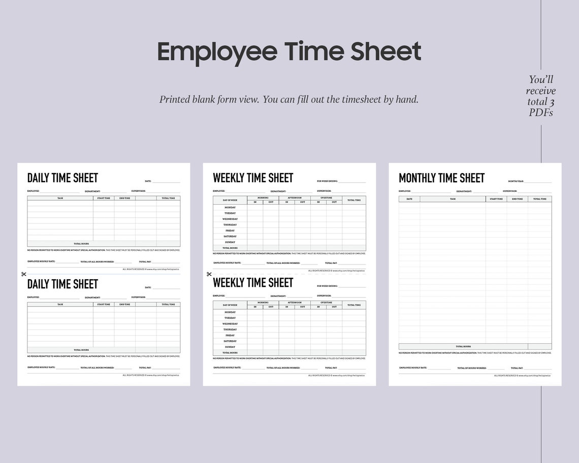 Employee Time Sheet Printable, Work Hour Tracker, Editable Time Card ...