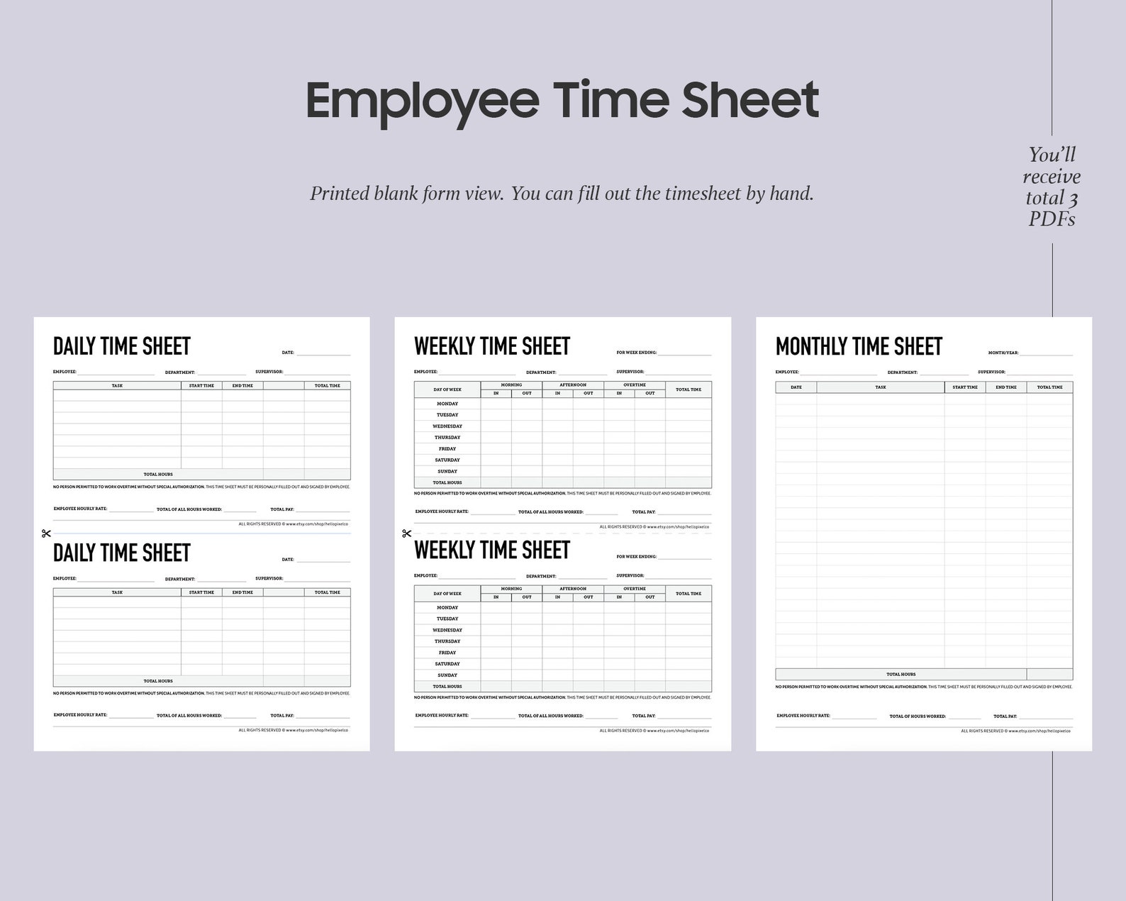 Employee Time Sheet Printable, Work Hour Tracker, Editable Time Card ...