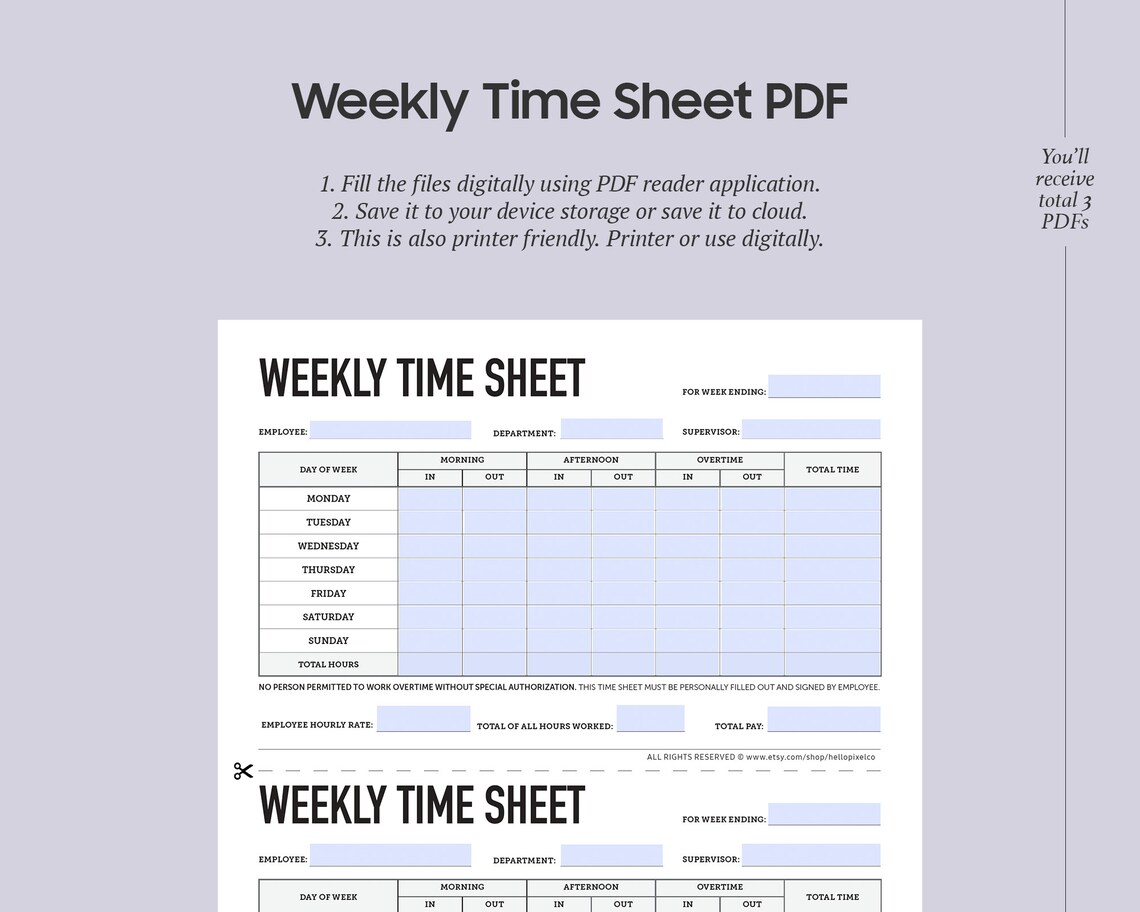 Employee Time Sheet Printable, Work Hour Tracker, Editable Time Card ...