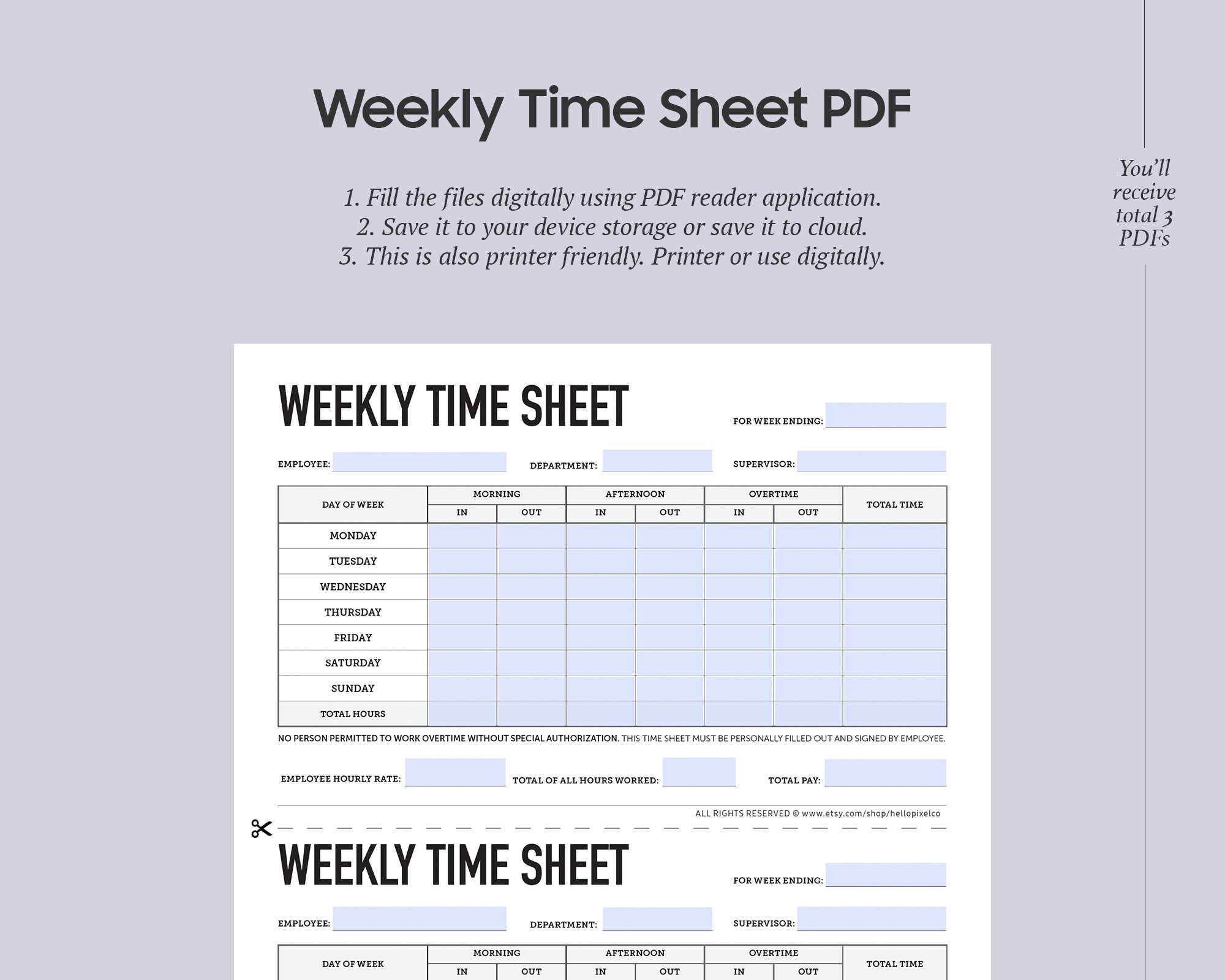 Employee Time Sheet Printable, Work Hour Tracker, Editable Time Card ...