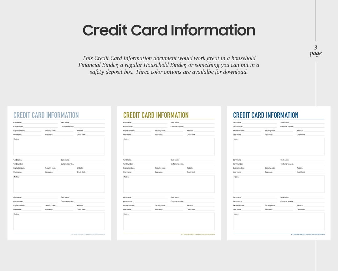 Credit Card Information - Fillable/printable PDF - Finance Planner ...