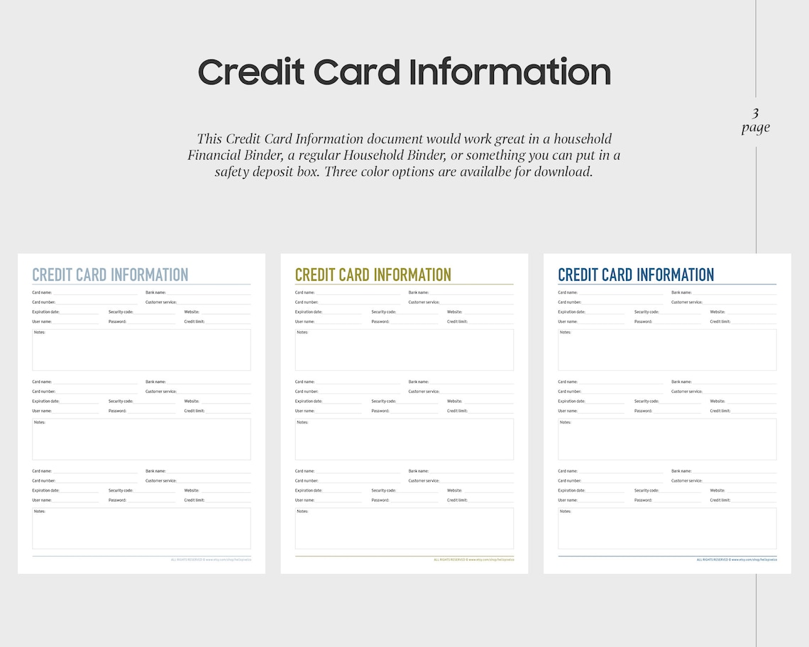 Credit Card Information - Fillable/printable PDF - Finance Planner ...