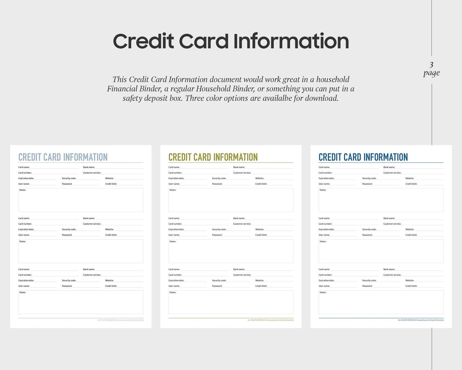 Credit Card Information - Fillable/printable PDF - Finance Planner ...