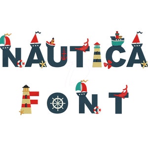 Nautica Embroidery Font. Machine Embroidery With Lighthouse, Sea, Boat ...